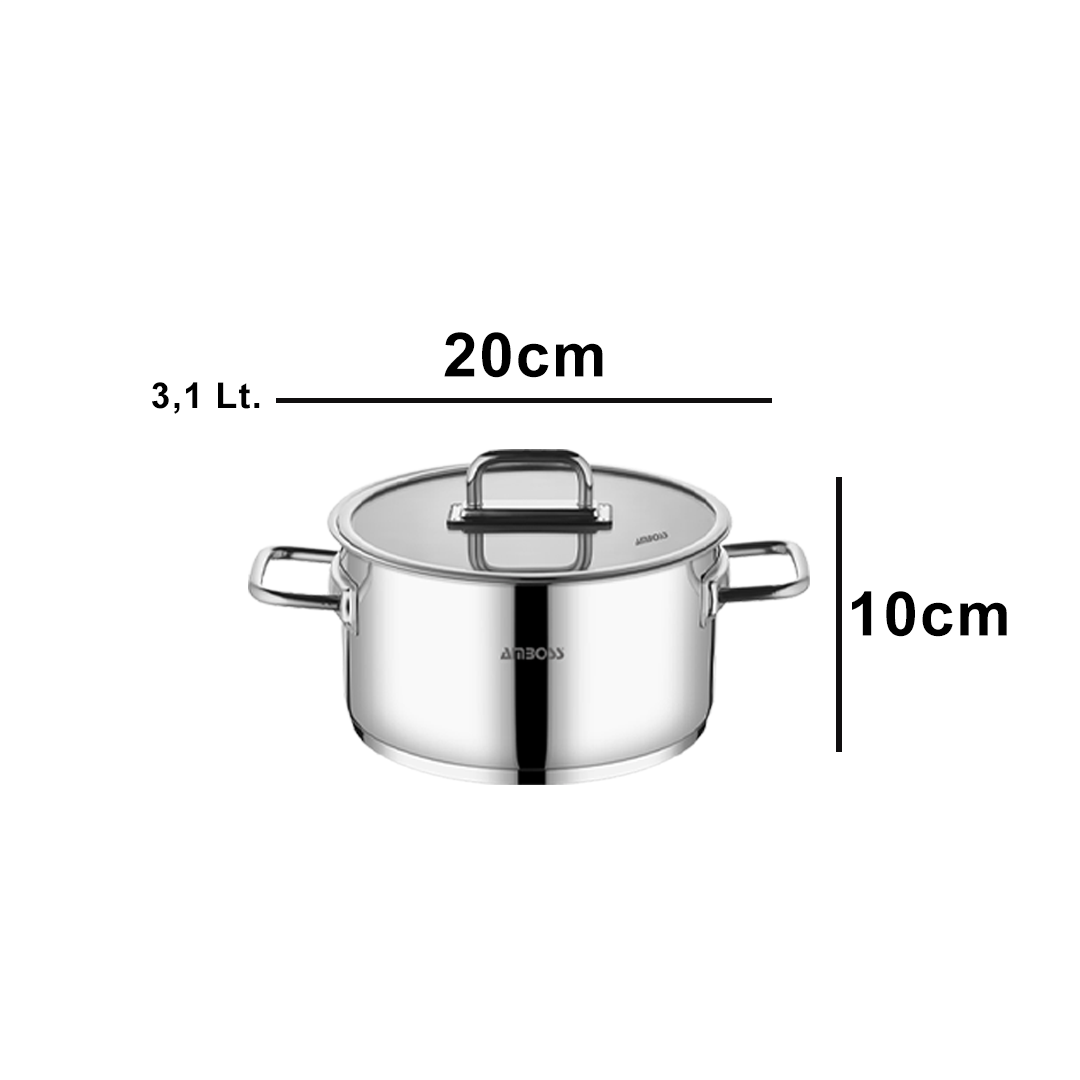Amboss Nova Paslanmaz Çelik Cam Kapaklı Derin Tencere 20x10 cm-Tek ...