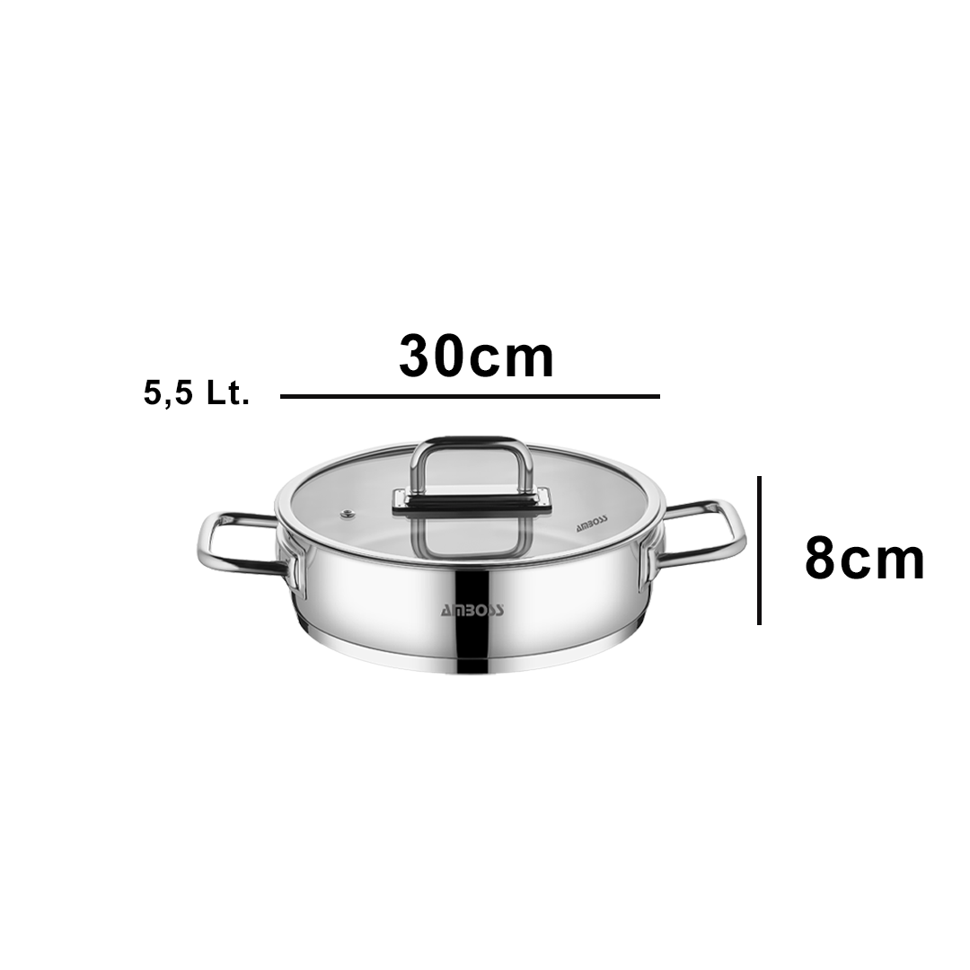 Amboss Nova Paslanmaz Çelik Cam Kapaklı Basık Tencere 30x8 cm-Tek ...
