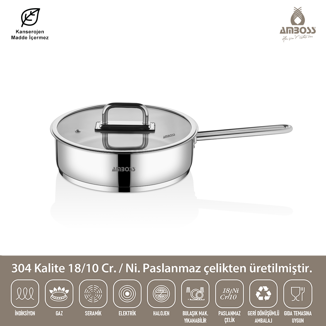 Amboss Nova Paslanmaz Çelik Cam Kapaklı Tava 22x5 cm-Tava Grubu-Amboss ...